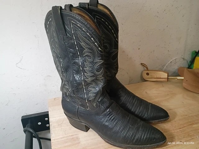 DAN POST LIZARD Skin Almond Toe Black Cowboy Boots Size 11 D **Vintage ...