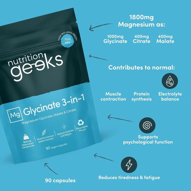 MAGNESIUM GLYCINATE 3-IN-1 Complex - 1800mg Supplements as Bisglycinate ...