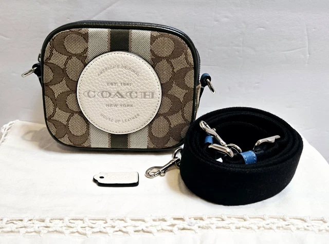 COACH MINI DEMPSEY Camera Bag Stripped Shoulder Bag White Logo Patch £ ...