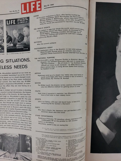 LIFE MAGAZINE MAY 30, 1960; Cold War, Khrushchev, U.S. Aims, Kremlin ...