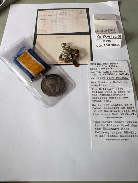 WW1 WAR MEDAL To Lance Corporal R.stevenson Military Foot Police & Cap ...