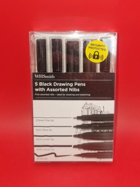WHSMITH ASSORTED DRAWING Pens Black Ink With Assorted Nibs & Tips Pack ...