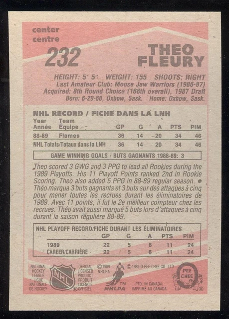 232 THEOREN THEO Fleury Rookie Rc 1989-90 O Pee Chee Calgary Flames Nhl ...