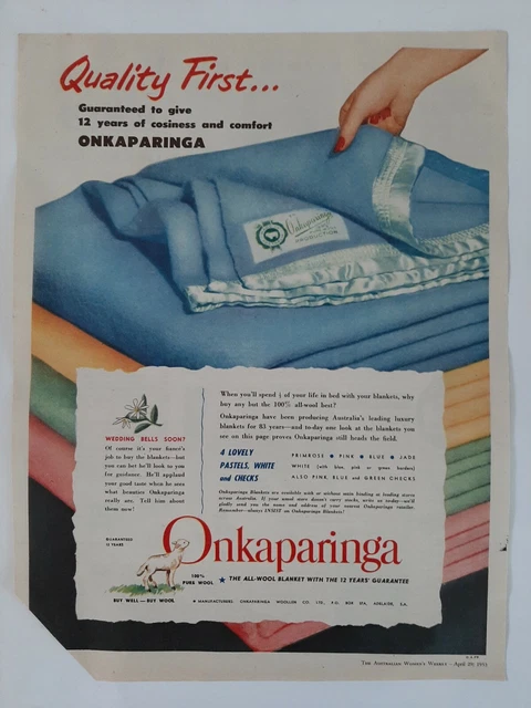 VINTAGE AUSTRALIAN ADVERTISING 1953 ad ONKAPARINGA WOOL BLANKETS $16.95 ...