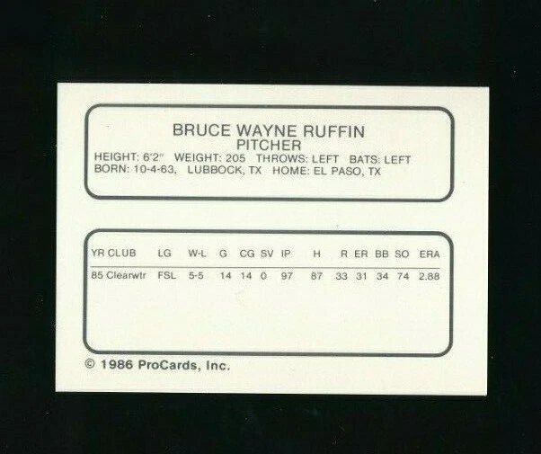 1986 PROCARDS READING Phillies Bruce Ruffin autographe signé centré ...