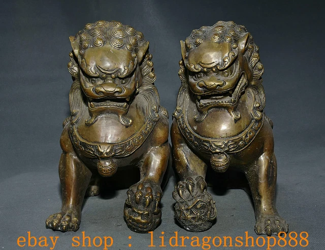 10,4 &ANCIENNE CHINE Bronze Fengshui Animal Foo Fu Chien Garde Lion ...