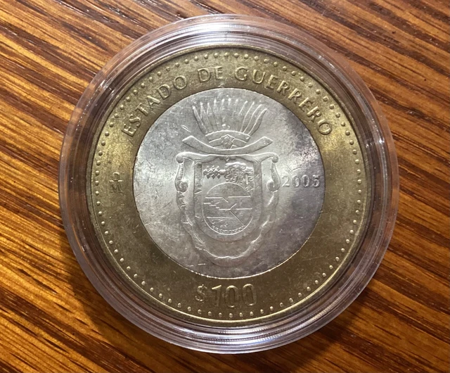 MEXICO 2005 GUERRERO $100 Pesos Bimetallic Silver Coin (AU-) 1st ...