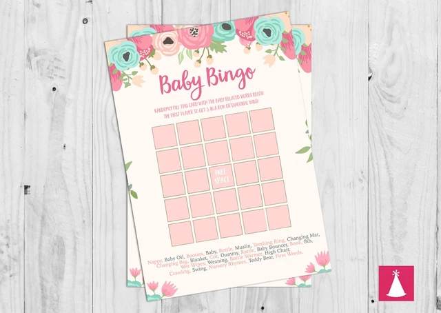 BABY SHOWER GAME Bingo 20 Sheet/Player, Pink Floral, Pink, Baby Girl. £ ...