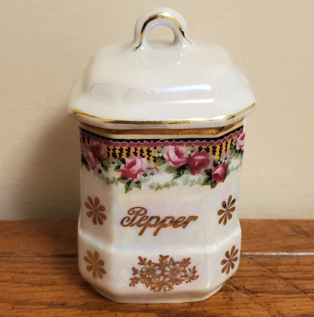 ANTIQUE PEPPER SPICE Jar Canister Roses Opalescent Gold Czechoslovakia ...