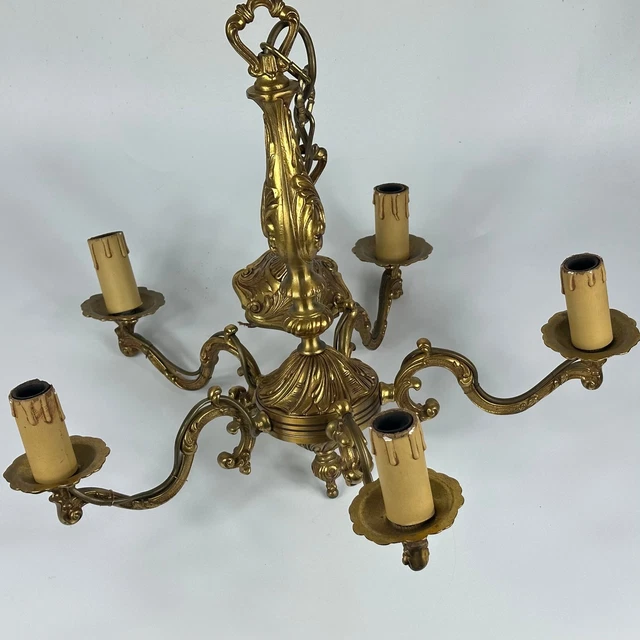 VINTAGE FRENCH EXTRA Large 5 Arm Ornate Heavy Brass Electric Chandelier ...