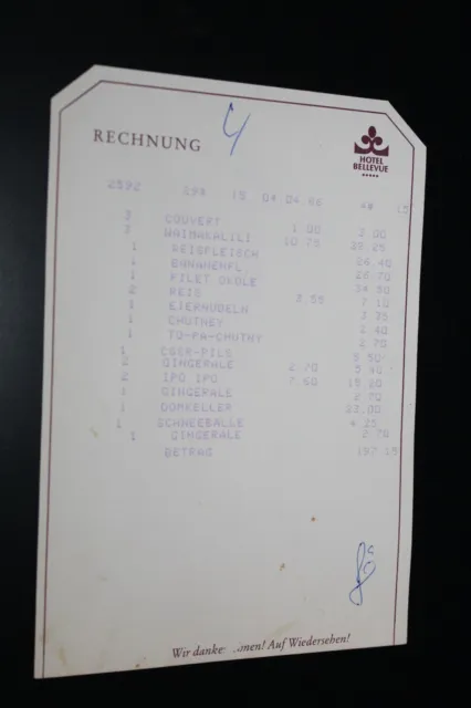 ORIGINAL RECHNUNG QUITTUNG Kellnerzettel Interhotel Bellevue Dresden ...