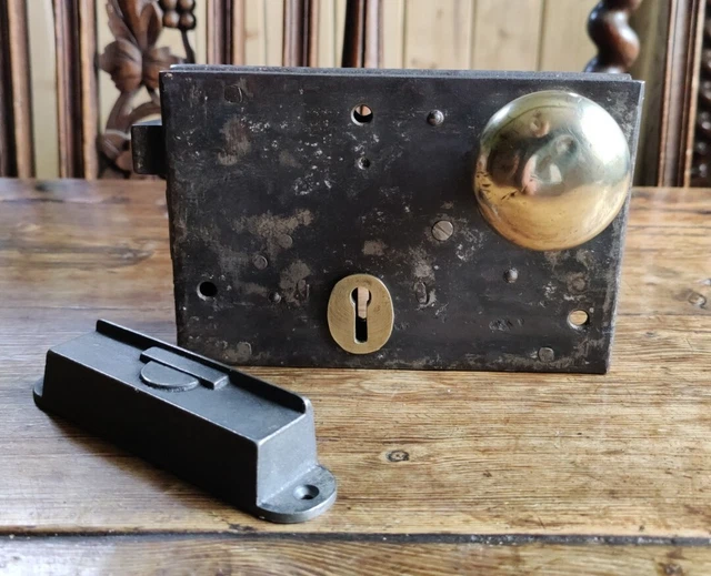 ANTIQUE VICTORIAN Reclaimed Heavy Duty Rim Lock, Brass Knobs and Keep ...