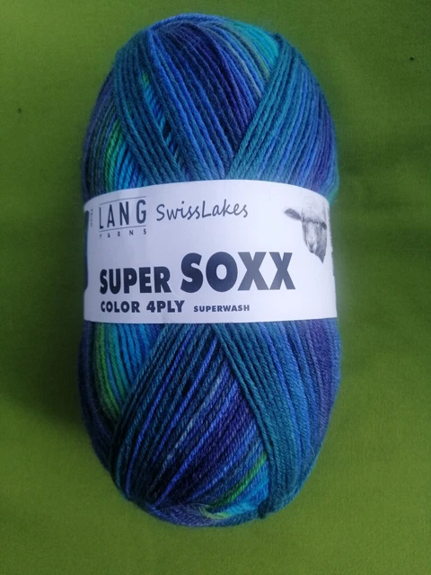 SCHURWOLLE 100 GRAMM Super Soxx Sockengarn von Lang 359 blau-lila-grün-gestreift EUR 8,50 ...