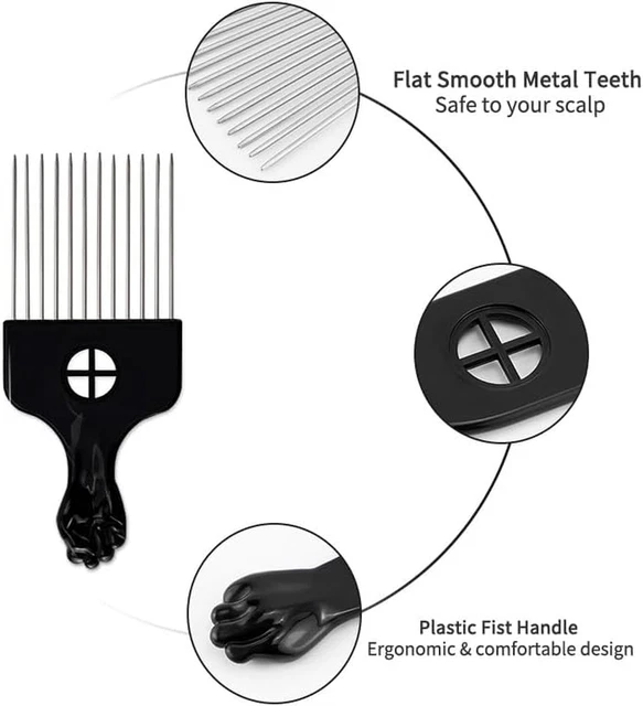 BLACK METAL AFRO Pick Combs for Curly Hair - Detangle & Style Comb for ...