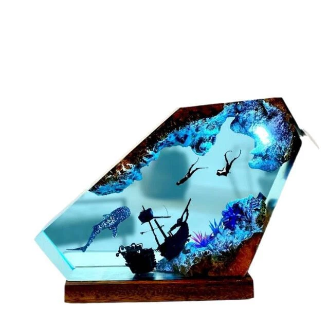 EPOXY RESIN WOOD Light Lamp Large Diver&Humpback Whale Led Lights Night ...