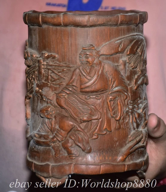 6.6& OLD CHINESE Bamboo root Carving Dynasty Figure Brush pot Pen ...