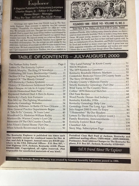 KENTUCKY EXPLORER MAGAZINE 2000 Genealogy Pelfrey Warren Knot Owsley £ ...