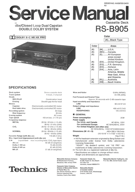 TECHNICS RS-B905 RS B 905 - Cassette Deck - Service Manual + Supplement ...