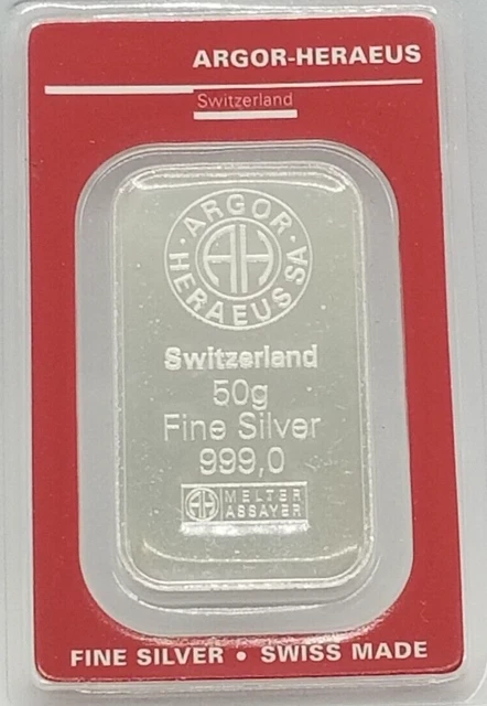 50-GRAM SILVER BULLION Bar (999) Swiss ASSAY Argor-Heraeus £148.63 ...