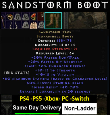 SANDSTORM TREK BOOT mid stats PC-XBOX-PS4-PS5-SWITCH Diablo 2 Res D2R ...