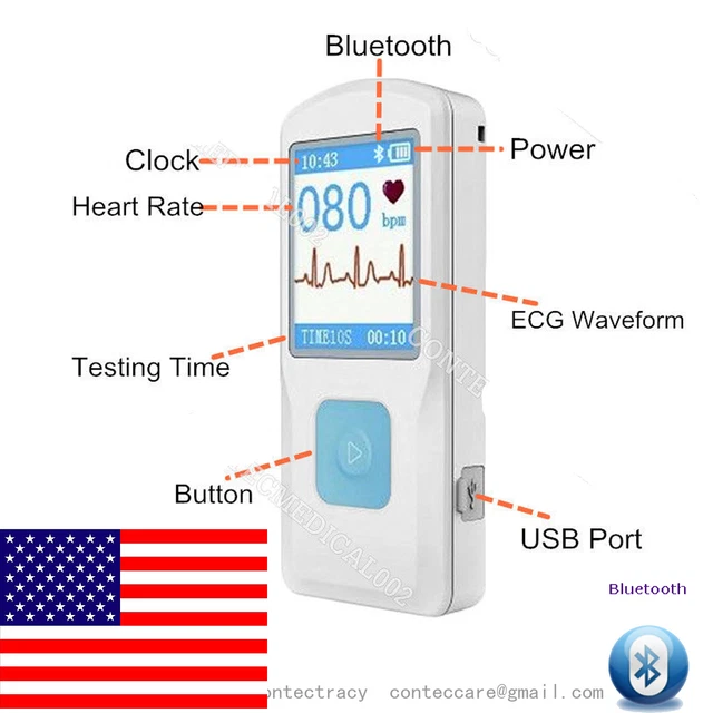 PORTABLE ECG EKG Machine Heart Beat Monitor,USB,Bluetooth, LCD,CONTEC ...