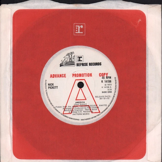 NICK PICKETT AMERICA 7" vinyl UK Reprise 1972 promo solid label design ...