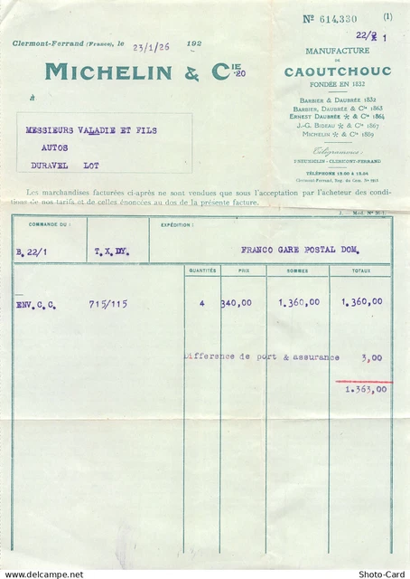 1926 FACTURE Michelin&Cie A Clermont Ferrand-M.valadie Fils A Duravel ...