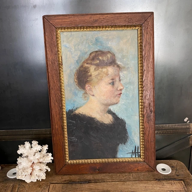 TABLEAU PORTRAIT HUILE sur toile signée MH - Oil on Canvas 1900 EUR 180 ...