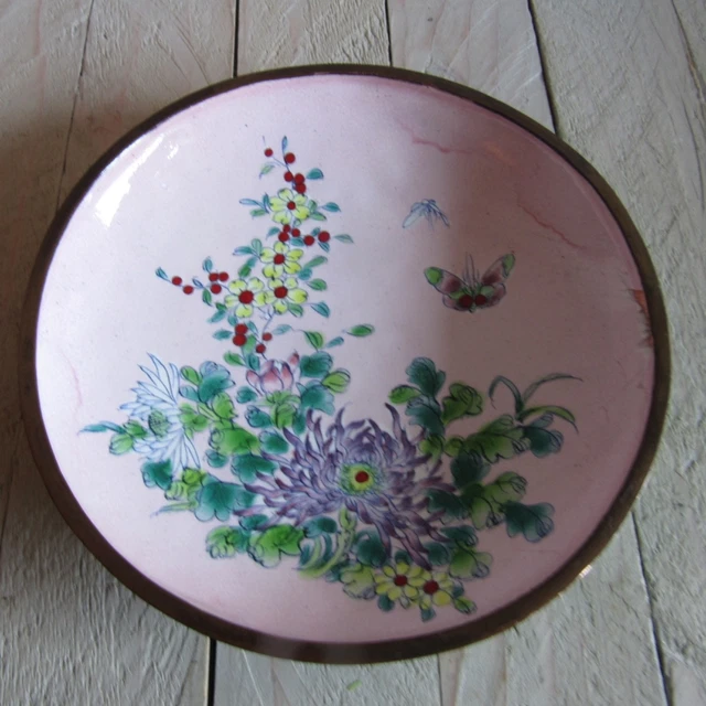 VINTAGE CLOISONNE PINK Plate Brass Trinket Plate 6" across *DAMAGE ...