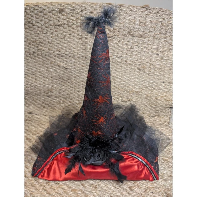 WITCH HAT BLACK Rose Feathers Red Spiders Lace Sequins Satin Tall ...