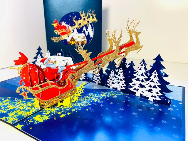 ORIGAMI POP CARDS Magical Santa Sleigh & Flying Reindeer Handmade Pop ...