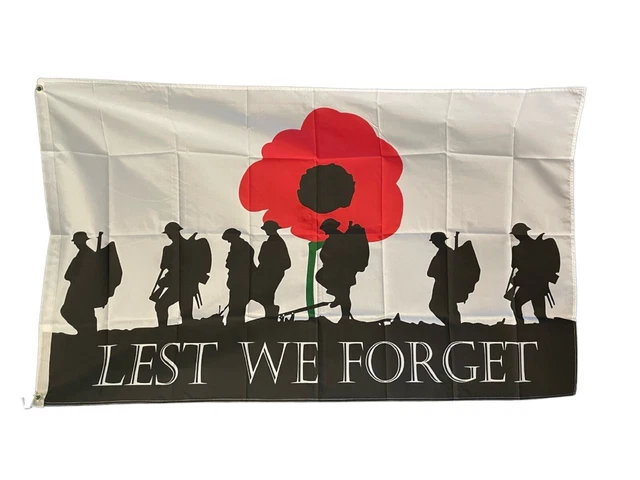 LEST WE FORGET Flag Remembrance Day Army 5ft x 3ft War Heroes Poppy ...