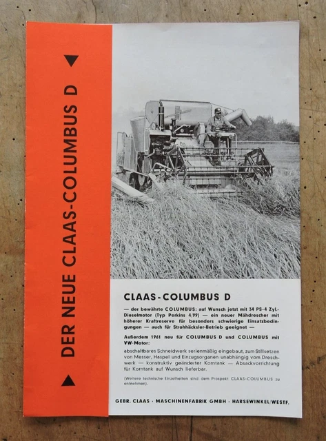 ORIG. PROSPEKT CLAAS Columbus D Mähdrescher 34PS 1961 EUR 12,50 ...
