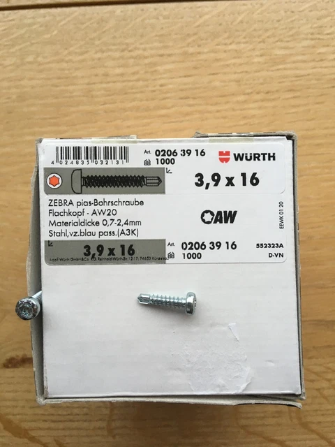 100 STÜCK ART. 02063916 Würth Zebra Pias Bohrschraube Schrauben 3,9x16 ...