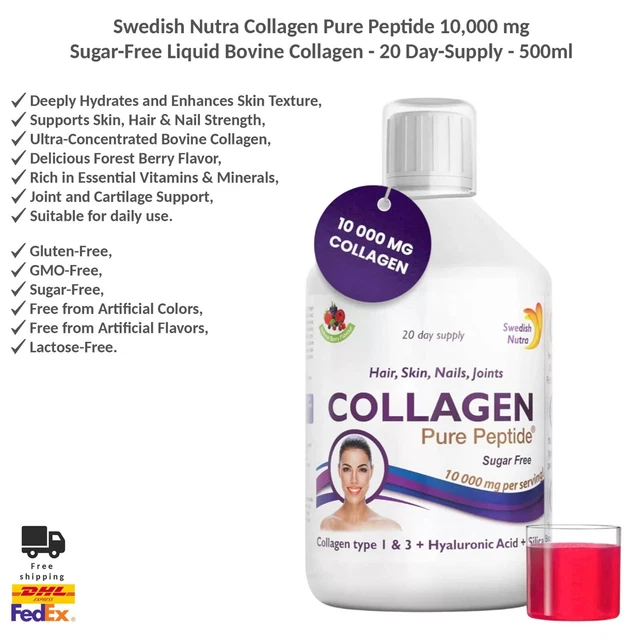 SWEDISH NUTRA COLLAGEN Pure Peptide 10.000 mg Flüssiges Rinderkollagen 500 ml EUR 79,00 ...