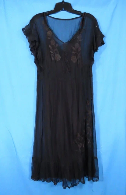 PYRAMID COLLECTION BLACK Sheer Chiffon Silk Dress w/Slip EMBROIDERED ...