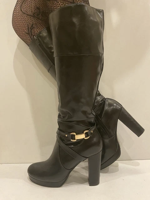 SEXY ATMOSPHERE BLACK Knee High Boots Gold Buckle UK6 EU39 VGC £20.00 ...