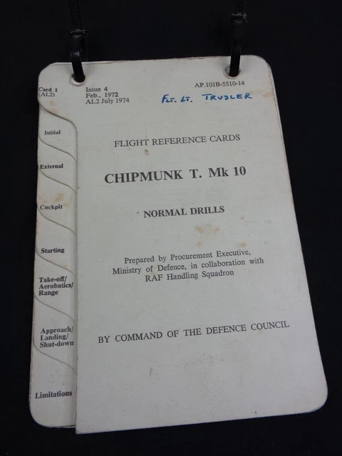 RARE ORIGINAL RAF Pilot's Cockpit FLIGHT REFERENCE CARDS for "CHIPMUNK ...