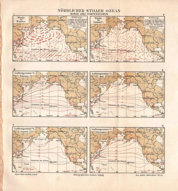 ANTIQUE MAP. WIND & TEMPERATURE MAP OF PACIFIC OCEAN. Circa 1905 $15.00 ...