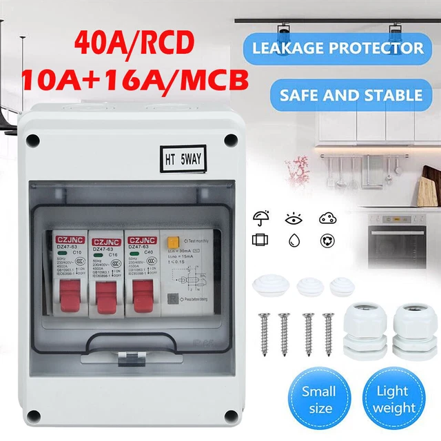 5 WAY GARAGE Caravan Campervan IP65 Consumer Unit 2 MCB 16 40A 30mA RCD ...