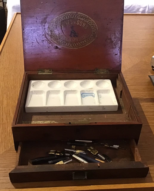 ANTIQUE REEVES & Sons Artists Paint Box With Drawer Brass Handle China ...