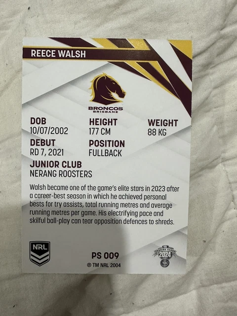 SIGNED REECE WALSH Brisbane Broncos 2024 NRL Traders Parallel Card $25. ...