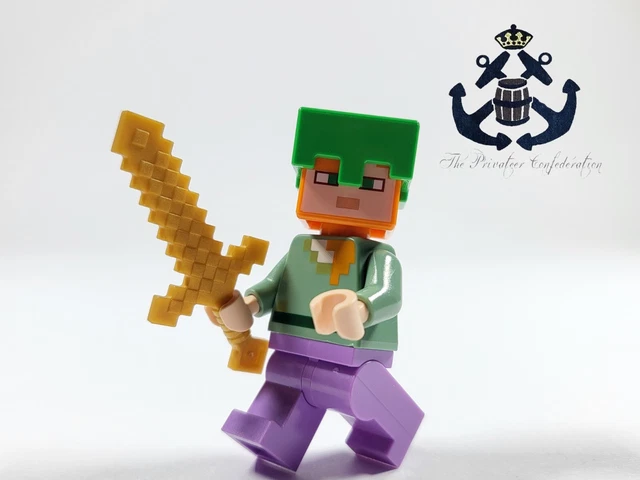 LEGO MINECRAFT MINIFIGURE Alex Turtle Shell Helmet Armor & Gold Sword ...