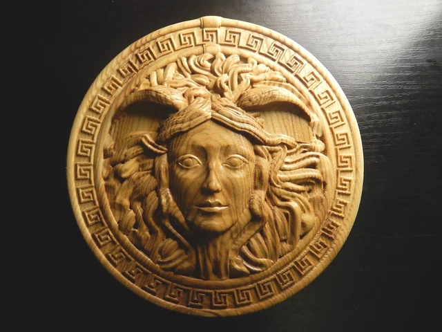 WOOD CARVED PICTURE wall decoration plaque. Medusa from Greek mythology ...