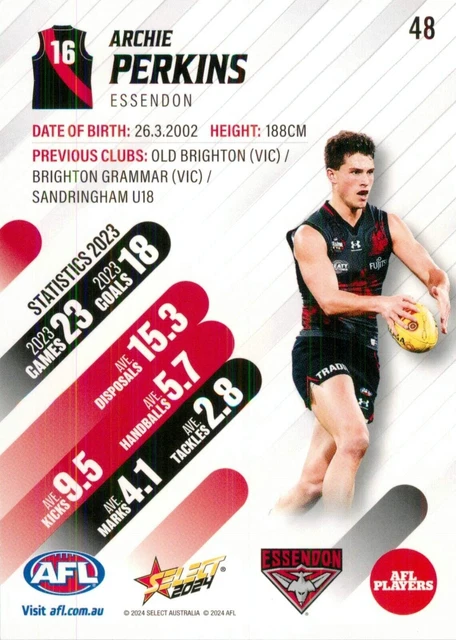 CARTE AFL SELECT Footy Stars Essendon Bombers 2024 - Archie Perkins EUR ...
