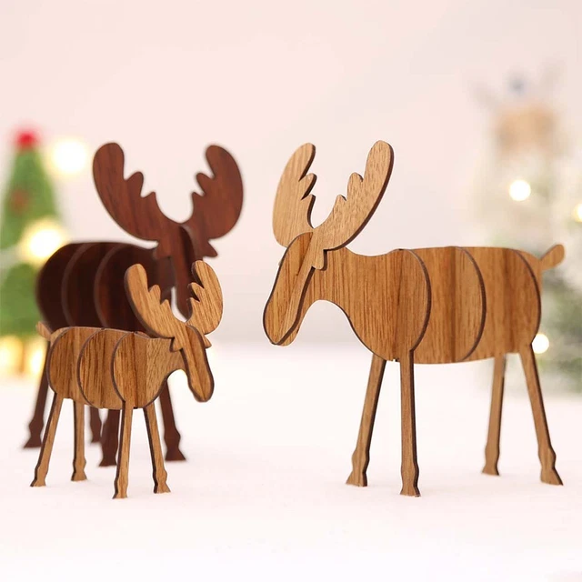 4 PCS REINDEER Figurines Home Decor Animals Shaped Wood Embellishments ...