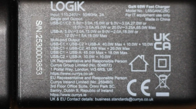 LOGIK L65GANC25C 65W universal GaN charger 100W USB-C black with Cable ...