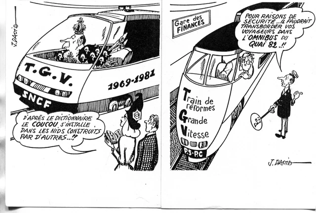 LOT 2 CARTES Humour Illustré DAVID Train TGV Gare des Finances Coucou ...