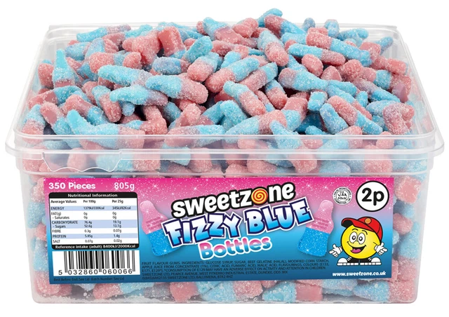 HALAL SWEETS FIZZY Blue Bottles, Strawberry Puffs, Sour 800g Tubs HMC ...