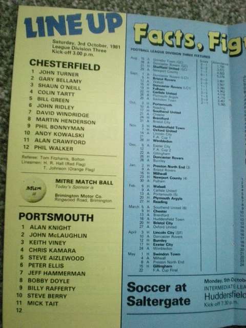 CHESTERFIELD V PORTSMOUTH, 3rd OCTOBER 1981, NO WRITING, STAPLES ...